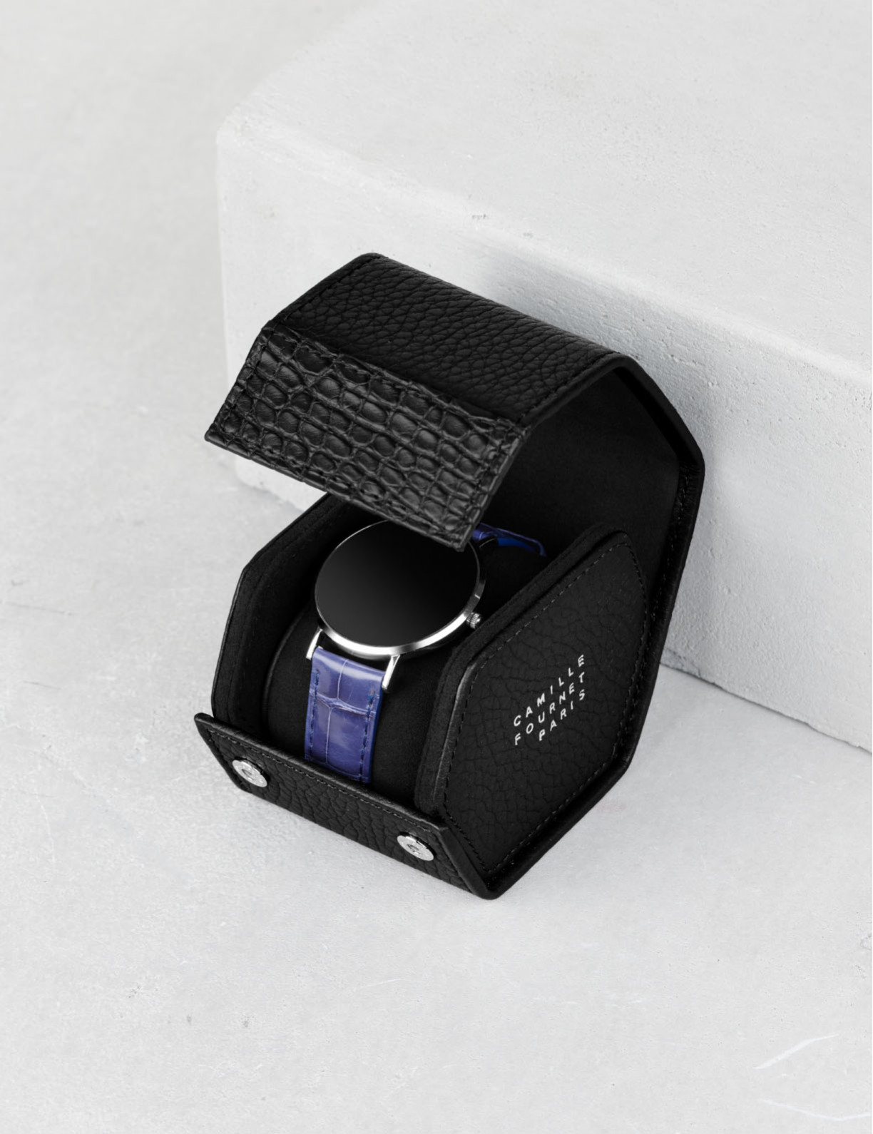 Small bull calf and alligator watch case | Camille Fournet